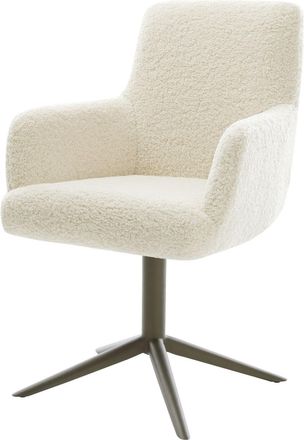DELIFE Esszimmerstuhl Heira-Flex mit Armlehnen Fußkreuz Effektfinish Titan Teddystoff Beige 360° drehbar Wippfunktion Taschenfederkern