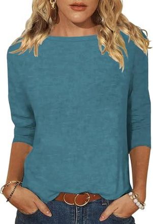 Minetom Femme T-Shirt à Manches 3/4 Col Bateau Tee Shirt Coupe Classique Ample Léger Printemps été Automne Basic Top A Turquoise XXL