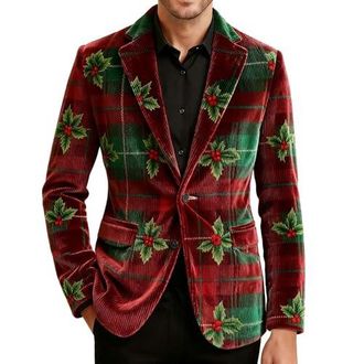 Generic Costume Noel Homme - Blazer de No&euml;l en Velours c&ocirc;tel&eacute; pour Homme Style d&eacute;contract&eacute; Imprim&eacute; Sapin P&egrave;re Vestes Costume &agrave; Revers crant&eacute;