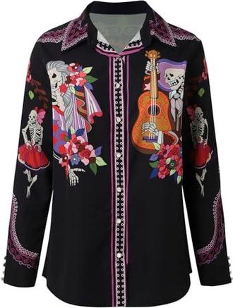 Generic Robes boh&egrave;me 2026 pour femmes, haut ample &agrave; manches longues, col rabattu, Noir, XXL