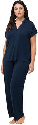 Ulla Popken Femme Grandes Tailles Pyjama Oversize Deux pi&egrave;ces, Pantalon + T-Shirt col Chemise et Manches Courtes Bleu Nuit 58+ 827072139-58+