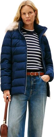 Tommy Hilfiger Damen Pufferjacke Down Slim mit Fellbesatz, Blau (Dark Night Navy), XXXL