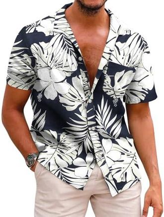 Coofandy Chemise de plage pour homme en coton, style hawaïen, manches courtes, motif floral, chemise estivale décontractée et élégante - Noir B, taille M