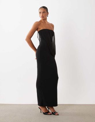 Missy Empire doppellagiges, figurbetontes Mesh-Overlay-Maxikleid mit Drapierung und Bandeau-Ausschnitt in Schwarz
