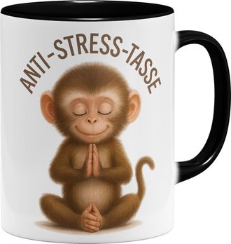 OM3 &Auml;ffchen Anti-Stress KAffe-Tasse mit Spruch - lustige Keramiktasse Namaste-Motiv - Meditation Affe - Keramik Becher - 325ml - Beidseitig Bedruckt - Sch