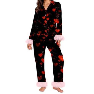 Generic Ensemble de pyjama en satin pour femme - V&ecirc;tement de nuit imprim&eacute; coeur - Haut et pantalon boutonn&eacute;s - Tenue 2 pi&egrave;ces - Pyjama en soie doux et confort