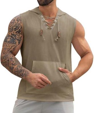 Generic Débardeurs à Capuche sans Manches à Lacets avec Poche pour lété, la Plage, Le Fitness, lentraînement, la Gym, Sweat à Capuche Kaki pour Homme, L