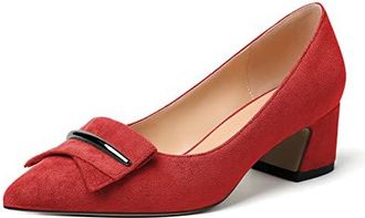 EDEFS Escarpins Femme Talon Bloc Bout Pointu - Boucle M&eacute;tallique &Eacute;l&eacute;gants pour F&ecirc;te Mariage et &Eacute;v&eacute;nements de Soir&eacute;e Su&egrave;de Rouge Taille EU43