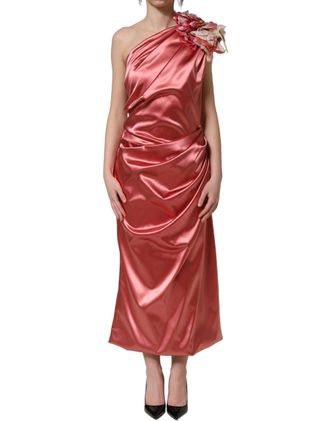 Dolce & Gabbana Womens Pink Draped Midi Flower Appliques Dress Acetate Nylon Elastane