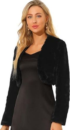 Allegra K Veste courte Femme en fausse fourrure Boléro en peluche à devant ouvert sans col à manches longues manteau court hiver Noir 3XL