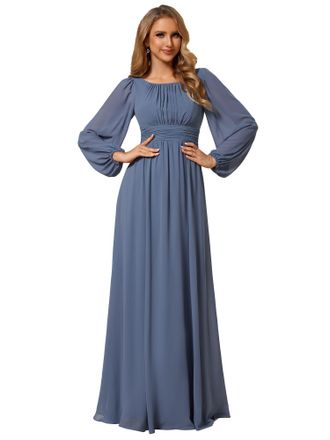 Ever-pretty Abendkleider Elegantes Damen F&uuml;r Hochzeit Lang Langarm Brautjungfernkleid Chiffon V-Ausschnitt Ballkleider Staubige Marine 46