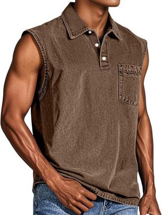 Generic Polo sans manches pour homme, t-shirt boutonn&eacute; &agrave; col &agrave; revers, d&eacute;bardeurs d&eacute;t&eacute; d&eacute;lav&eacute;s, gilets d&eacute;contract&eacute;s, gilets l&acirc;ches vintage vieilli, pull tenda