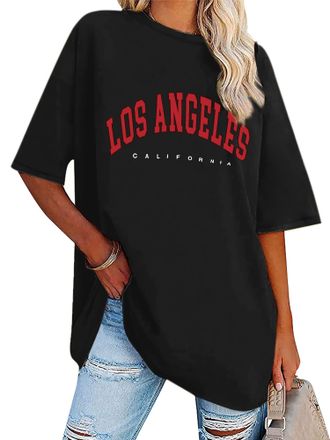 Dresswel Oversized T Shirt Damen Los Angeles California Brief drucken Vintage T-Shirt Kurzarm Rundhals Sommer Oberteile Lose Bluse Lang Tunika Top f&uuml;r Teenager