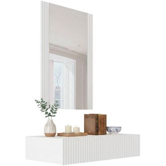 Dmora Premolo Konsole, h&auml;ngender Eingang mit Spiegel, modernes Schilf-Effekt-Design, 80x42 h97 cm, wei&szlig;