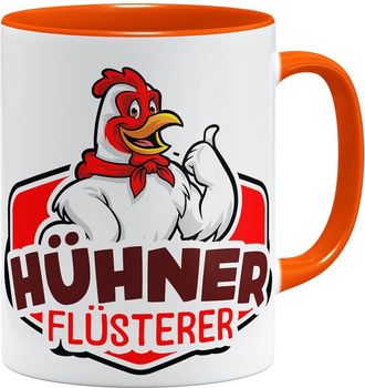 OM3 H&uuml;hnerfl&uuml;sterer Tasse Farmer H&uuml;hner Fl&uuml;sterer Huhn Hahn IV - Keramik Becher - 11oz 325ml - Beidseitig Bedruckt - Orange