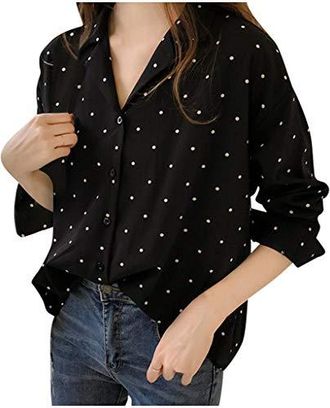 Generic cfpqv Hauts Chemises D&eacute;contract&eacute;es Femmes Pois Polka D&eacute;contract&eacute; Col Boutonn&eacute; Manches rabattues Chemises Longues Femmes Chemisier Blanc Femmes Sexy, N