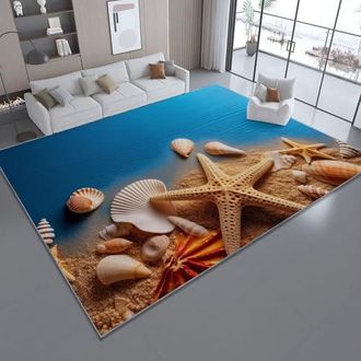 Generic Tapis de Salon Bleu, Tapis de Sol imprimé Nature Coquillages Étoile de mer Plage, décoration antidérapante pour Salon Chambre Cuisine Balcon terrasse 