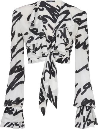 Balmain Femme, Blouses et Chemises, Blanc, Taille: 38 FR Ruffled love letter knotted crop shirt