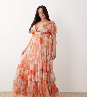 Lace & Beads Plus Madison - Robe smock&eacute;e longue &agrave; imprim&eacute; coquelicots et manches &eacute;vas&eacute;es avec d&eacute;collet&eacute; plongeant - Orange-multicolore