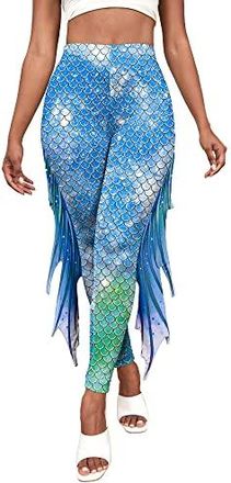 Feoya Legging Sirène Femme Échelle Brillante avec Palmes Pantalon Crayon Hanche Push Up pour Carnaval Halloween Fête A3 S