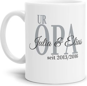 Tassendruck Tasse - Uropa seit - zum selbst Gestalten mit Kindernamen und Geburtsjahren - Geschenk für den besten Uropa - Keramiktasse, Weiß Matt, 300 ml