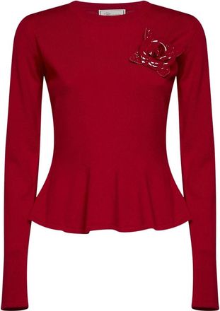 Blumarine Pull avec broche en cuir verni et ourlet ondul&eacute; - Femme - Pulls - Rouge - Taille: 38 FR