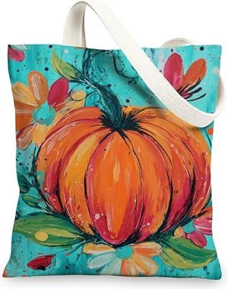 Generic Sacs fourre-tout en toile citrouille, motif floral coloré, sacs de courses réutilisables, sacs de courses artistiques, vintage, légers et lavables, tu