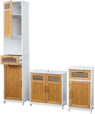 Hhg Set de salle de bains 145, armoire commode meuble sous-lavabo, bambou, blanc