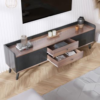 Generic TV Schrank Lowboard mit Zwei Schubladen und Schiebeturen Medienkonsole mit strukturierter Front Massivholzbeinen Anti Kipp System Kabelfuehrung Staura