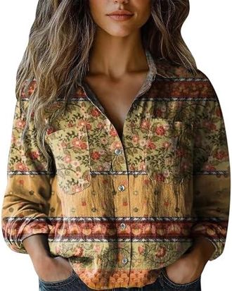Generic Chemisier &agrave; manches longues pour femme - Col en V - Boutonn&eacute; - Style vintage - Chemise florale - Motif floral - Chemisier &agrave; manches longues - Chemisie