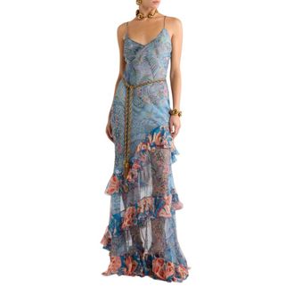 Etro Femme, Robes, Bleu, Taille: 38 FR Robe Longue en Soie avec Volants et Motif Floral
