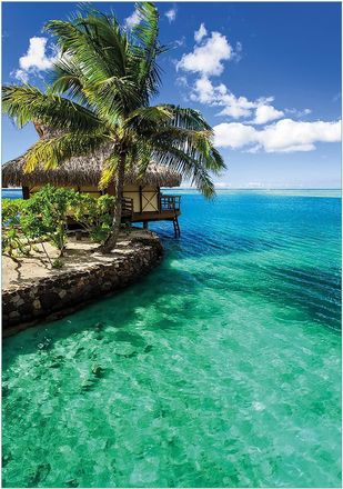 Wallario Glasbild Karibisches Meer Einsame Hütte unter Palmen - 70 x 100 cm Wandbilder Glas in Premium-Qualität: Brillante Farben, freischwebende Optik