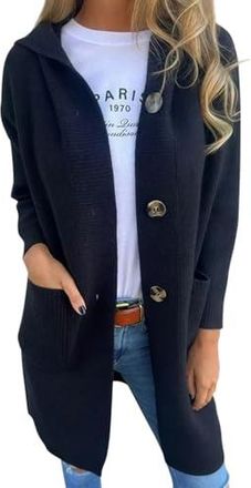 Onsoyours Cardigan &agrave; Capuche pour Femme Pull en Maille de Couleur Unie Manteaux Long D&eacute;contract&eacute; Gilet &agrave; Poches A Noir XXL