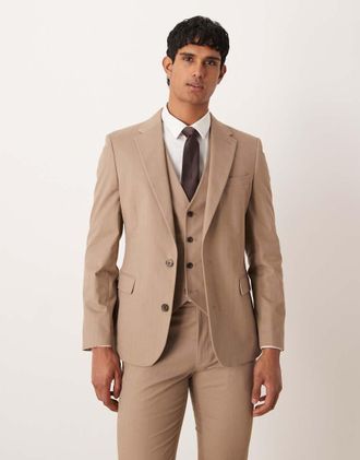 Asos Eng geschnittene Anzugjacke in Steinbeige mit Fischgr&auml;tmuster-Neutral