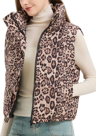 Feoya Damen Steppweste Kurze Pufferweste Stehkragen Daunenweste Leopard Warm &Auml;rmellos Winterjacke &Uuml;bergangsweste mit Taschen Beige M