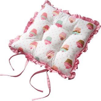 Homescapes Sitzkissen 40x40 cm Cupcakes rosa - Vintage Stuhlkissen mit R&uuml;schen & B&auml;ndern, Wende-Design mit Gepunkteter R&uuml;ckseite, waschbar & Oeko-TEX