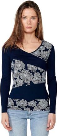 Koröshi T-shirt à manches longues avec col en V et imprimé floral avant de couleur marine pour femme, bleu, L