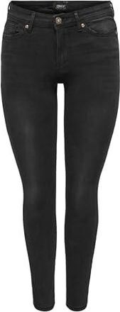 Only Jean Slim Taille Normale en Denim Extensible pour Femme, Design délavé usé, Couleurs:Noir, Taille:XL / 32L