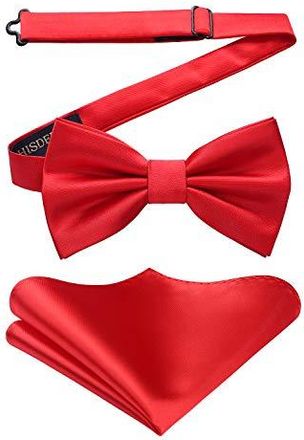 Hisdern Noeud Papillon Rouge Hommes et Mouchoir avec Crochet déjà lié et Réglable Couleur Unie Noeuds Papillons Homme Carré de Poche Ensemble