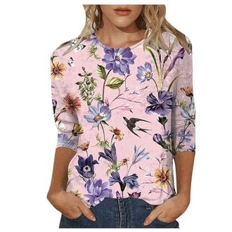 Generic T-shirt d&eacute;contract&eacute; pour femme avec imprim&eacute; floral, col rond, manches 3/4, coupe ample, lilas, XXL