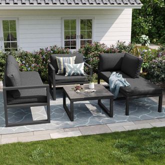 STILVORA Salon de Jardin avec 2 Canap&eacute;s, 1 Fauteuil et 1 Table Basse, Dossier Haut et Pieds R&eacute;glables, M&eacute;tal et Polyester, Gris
