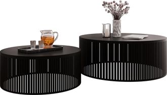 Mirjan24 Couchtische Jervag, Wohnzimmertische, Runde Form, Zwei Im Set, moderner Sofatische, 2er Set Beistelltisch, Teetisch, Metallrahmen (Schwarz/Schwarz Mol