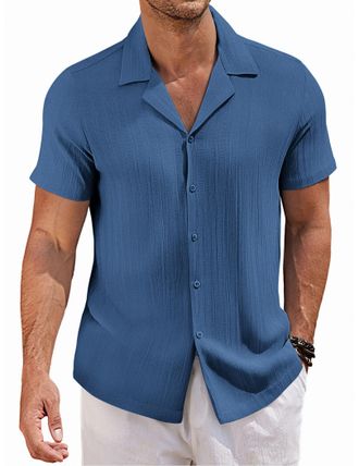 Coofandy Hemd Herren Kurzarm Sommer Freizeithemd Kuban Kragen M&auml;nner Kurzarmhemd Gestreiftes Haiwaiihemd Guayabera Shirt Navy M