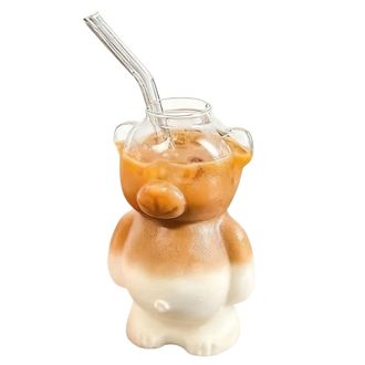 Generic Cute Bear Glass Cups - Clear Tumbler with Straw, Kawaiii Bear-Shaped Glass Cup for Coffee, Milk Tea, Iced Drinks | Cute Mug for Iced Coffee, Latte, Ch