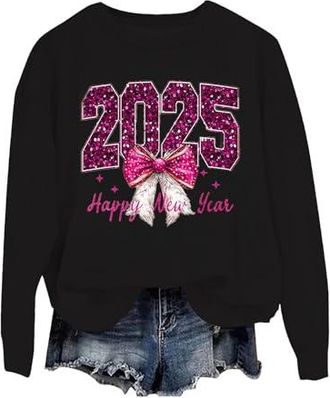 Generic HUIFUAO - Sweat-shirt &laquo; Happy New Year &raquo; pour femmes, sweat-shirt amusant &agrave; manches longues pour femmes, chandail surdimensionn&eacute; pour femmes, A03 noir
