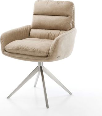 DELIFE Esszimmerstuhl Abelia-Flex mit Armlehnen Mikrofaser Beige Vintage Kreuzgestell breit Edelstahl, Esszimmerst&uuml;hle