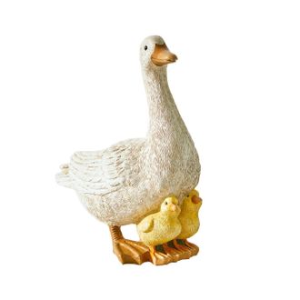 Loberon Deko-Gans Sunnyo, mit Zwei K&uuml;ken, Handbemalt, Detailreich Gestaltet, Ostern, Osterdeko, Tierfiguren, Polyresin, wei&szlig;