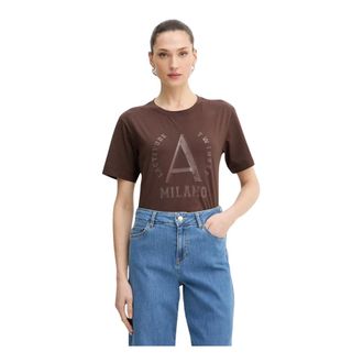 Twinset Femme, Tops, Brun, Taille: 42 FR T-shirt avec imprim&eacute; logo lamin&eacute;