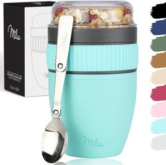Milu Pot de céréales à emporter 400ml I Pot de yaourt en plastique pour les céréales I anti-fuite avec cuillère pour le yaourt/porridge (Turquoise)