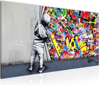 Runa Art Wandbild Banksy-Style Boy Behind the curtain 1 Teilig 100 x 40 cm Modern Bild auf Vlies Leinwand Streetart Graffiti Loft Wohnzimmer Bunt 043512a